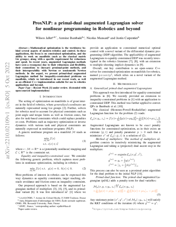 Pdf Proxnlp A Primal Dual Augmented Lagrangian Solver For Nonlinear Programming In Robotics
