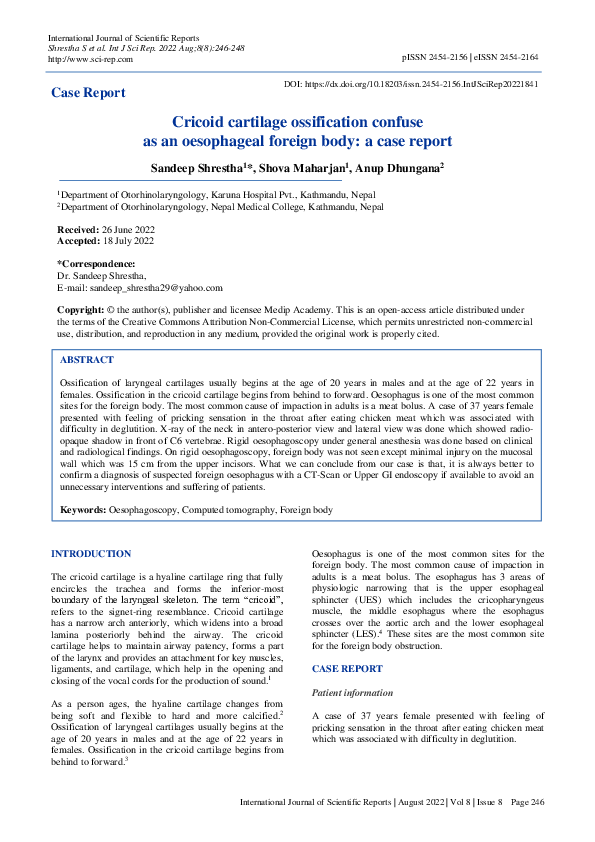 (PDF) Cricoid cartilage ossification confuse as an oesophageal foreign body: a case report ...