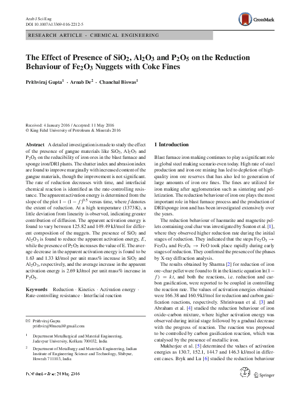 (PDF) The Effect of Presence of SiO2, Al2O3 and P2O5 on the Reduction Behaviour of Fe2O3 Nuggets ...