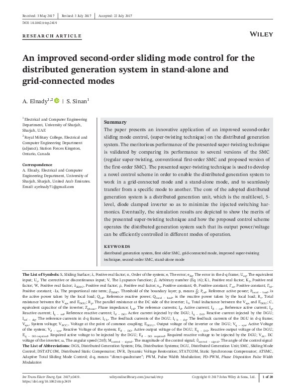 Pdf An Improved Second Order Sliding Mode Control For The Distributed Generation System In