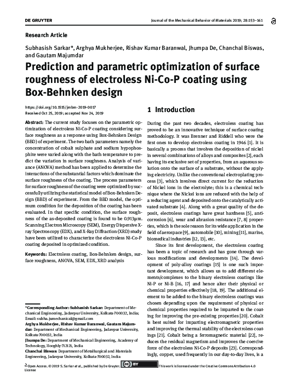(PDF) Prediction and parametric optimization of surface roughness of electroless Ni-Co-P coating ...