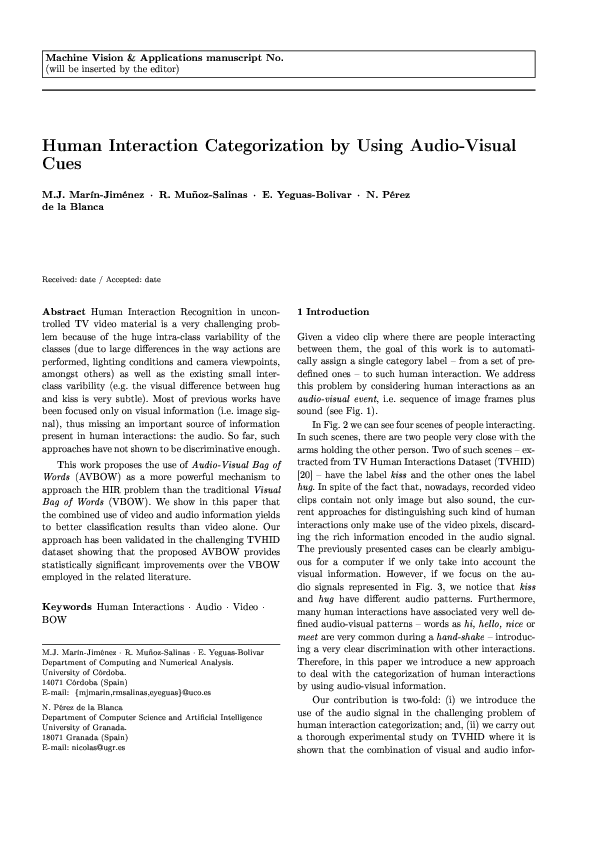 Pdf Human Interaction Categorization By Using Audio Visual Cues