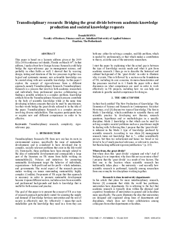 (PDF) Transdisciplinary research: Bridging the great divide between ...