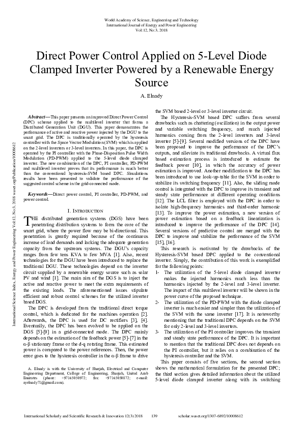 (PDF) Direct Power Control Applied On 5-Level Diode Clamped Inverter Powered By A Renewable ...