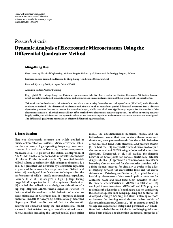 (PDF) Dynamic Analysis of Electrostatic Microactuators Using the Differential Quadrature Method