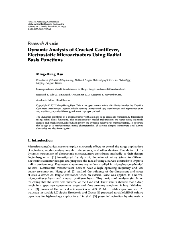 (PDF) Dynamic Analysis of Cracked Cantilever, Electrostatic Microactuators Using Radial Basis ...