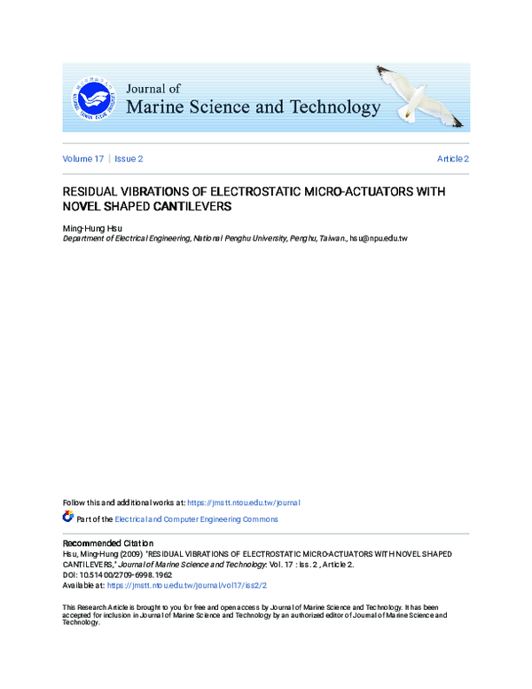 Pdf Residual Vibrations Of Electrostatic Micro Actuators With Novel Shaped Cantilevers