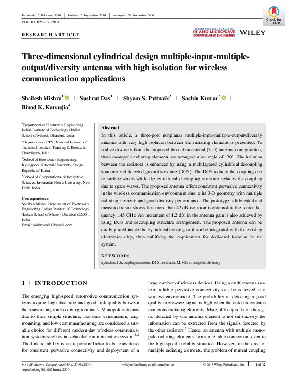 Pdf Three‐dimensional Cylindrical Design Multiple‐input‐multiple‐output Diversity Antenna With