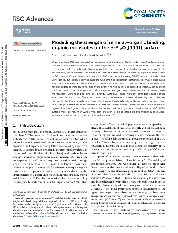 (PDF) Modelling the strength of mineral–organic binding: organic ...