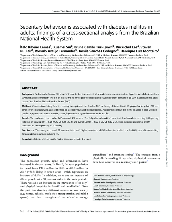 (PDF) Sedentary behaviour is associated with diabetes mellitus in ...