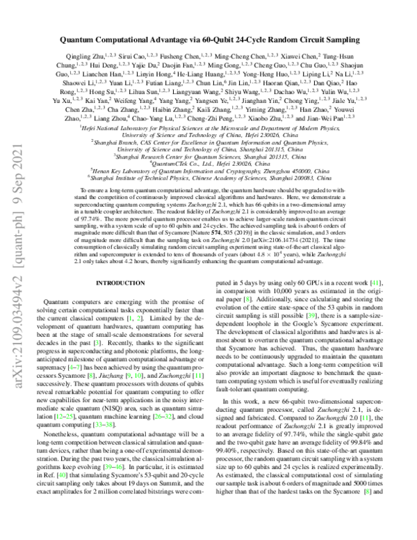 Pdf Quantum Computational Advantage Via 60 Qubit 24 Cycle Random Circuit Sampling