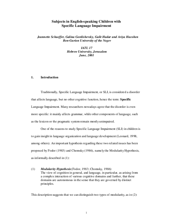 (PDF) Subjects in English-speaking children with specific language impairment