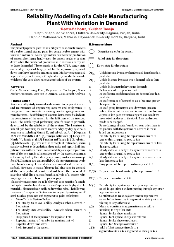 (PDF) Reliability Modelling of a Cable Manufacturing Plant With ...