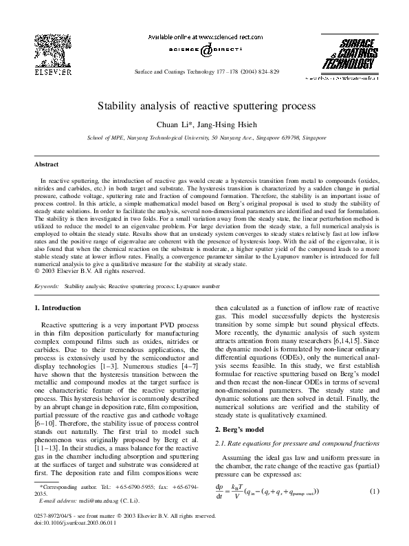 (PDF) Stability analysis of reactive sputtering process | Jang-Hsing Hsieh - Academia.edu