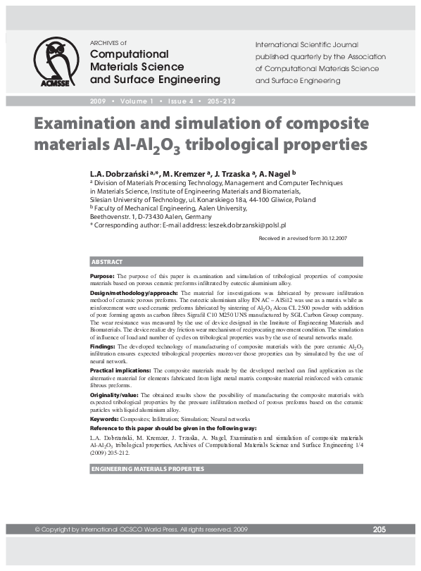 (PDF) Examination and simulation of composite materials Al-Al2O3 tribological properties