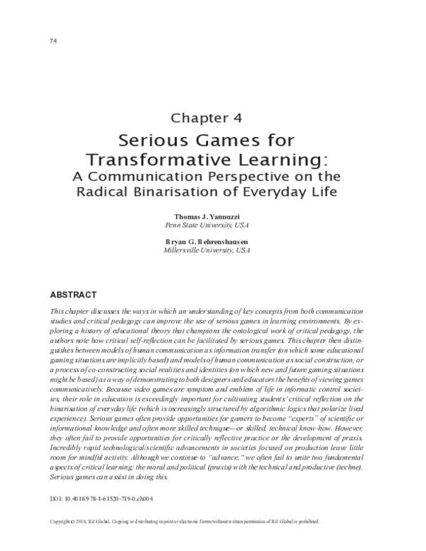 (PDF) Serious Games for Transformative Learning