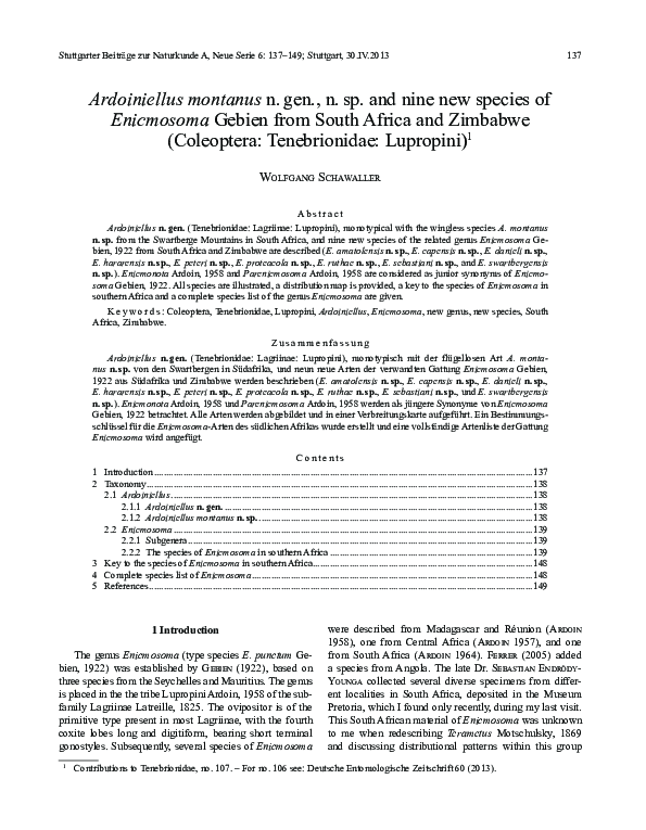 (PDF) Enicmosoma Gebien from South Africa and Zimbabwe (Coleoptera ...