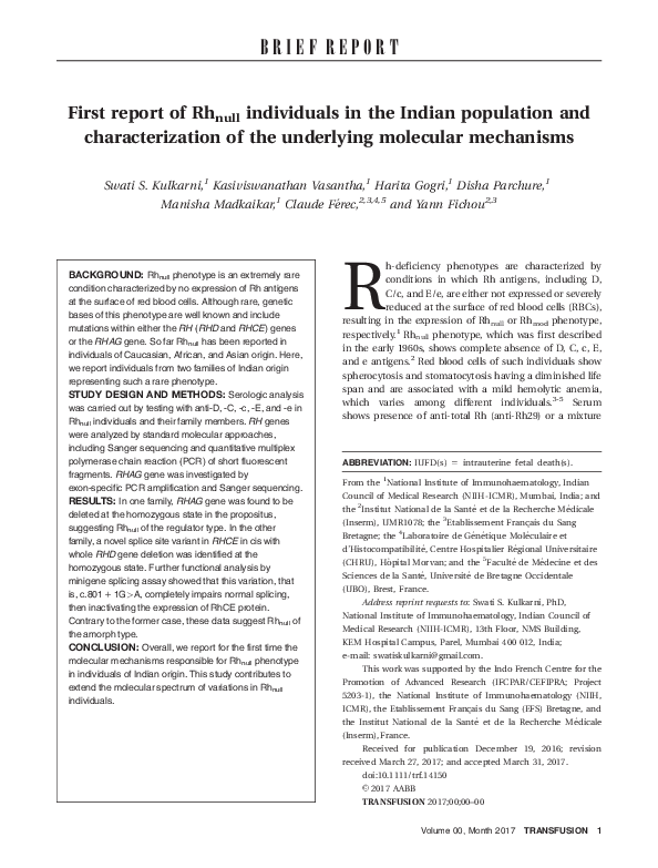(PDF) First report of Rhnull individuals in the Indian population and ...
