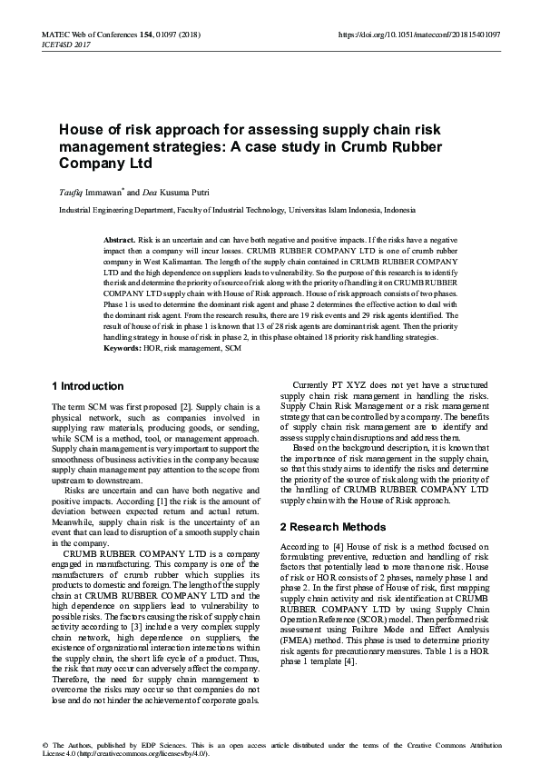 (PDF) House of risk approach for assessing supply chain risk management ...