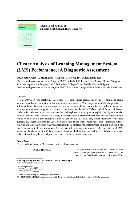 (DOC) Cluster Analysis of Learning Management System (LMS) Performance ...