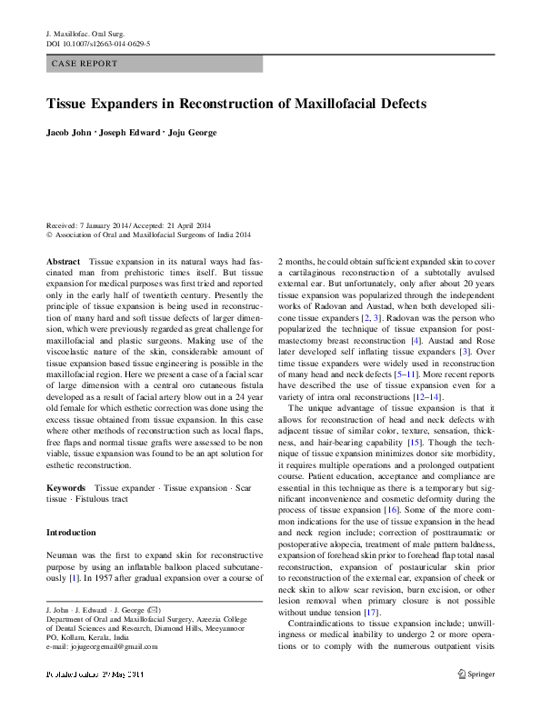 (PDF) Tissue Expanders in Reconstruction of Maxillofacial Defects