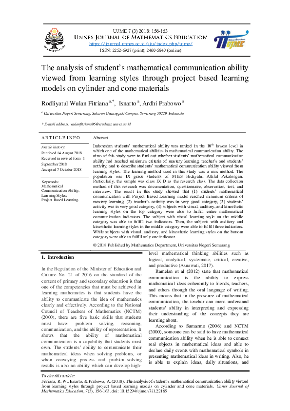 (PDF) The analysis of student's mathematical communication ability viewed from learning styles ...