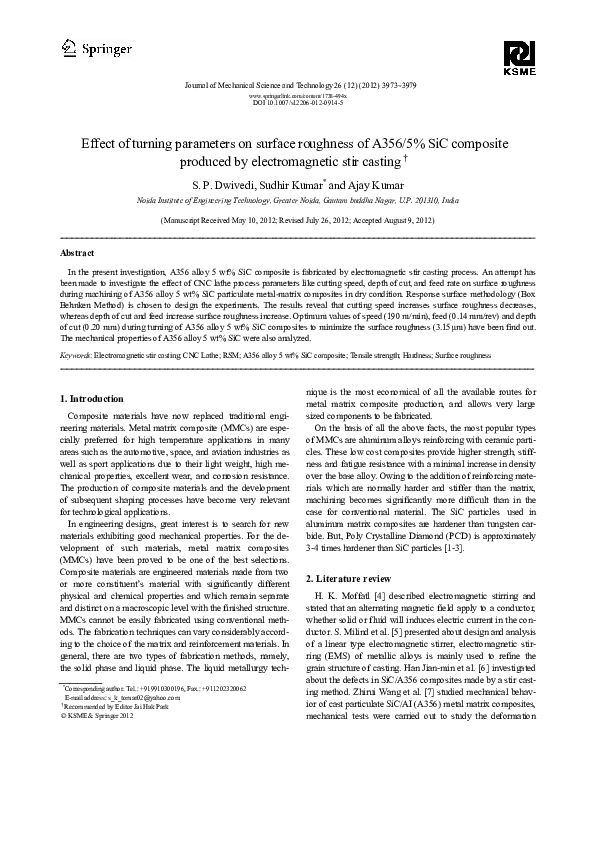 (PDF) Effect of turning parameters on surface roughness of A356/5% SiC composite produced by ...