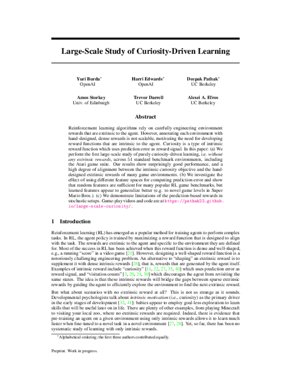 (PDF) Large-Scale Study of Curiosity-Driven Learning