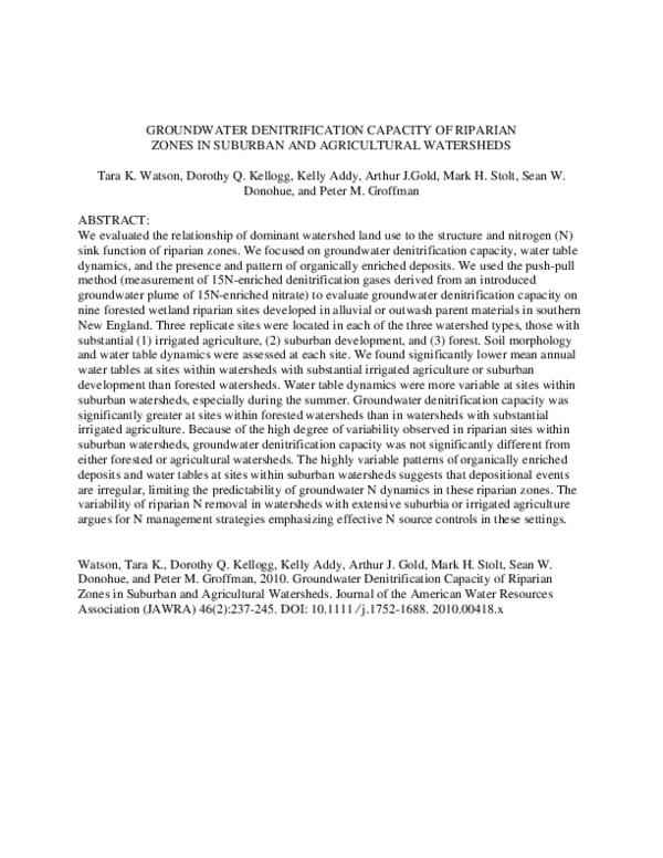 (PDF) Groundwater Denitrification Capacity of Riparian Zones in Suburban and Agricultural Watersheds
