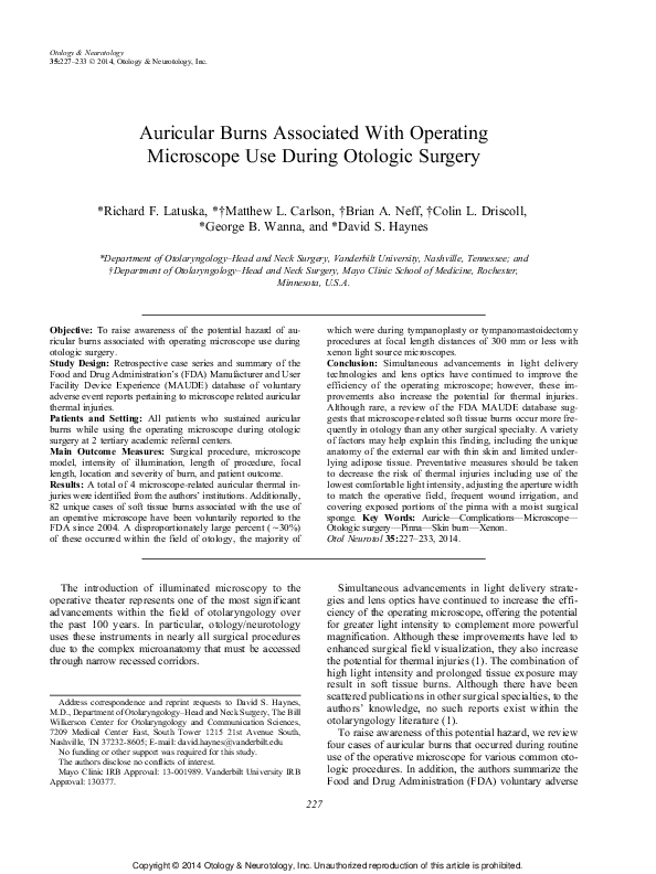 (PDF) Auricular Burns Associated With Operating Microscope Use During ...
