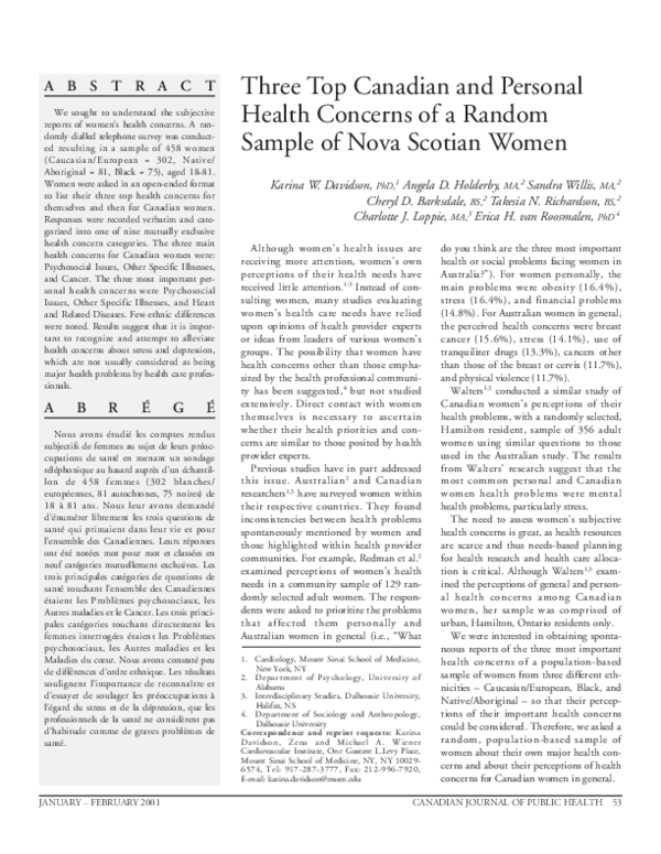 (PDF) Three Top Canadian and Personal Health Concerns of a Random ...