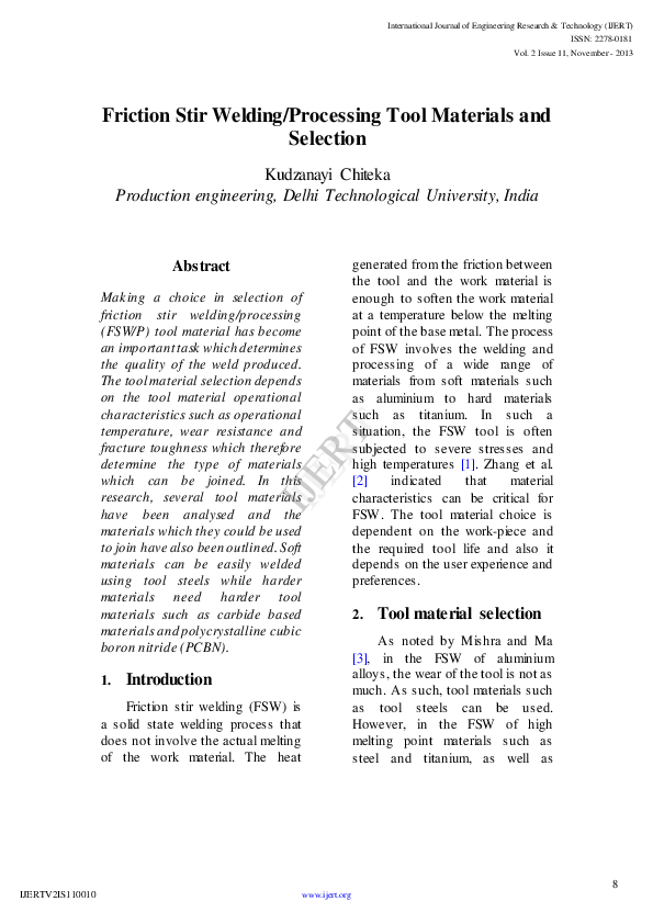 Pdf Friction Stir Welding Processing Tool Materials And Selection