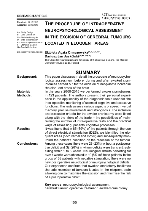 (PDF) The Procedure of Intraoperative Neuropsychological Assessment in ...
