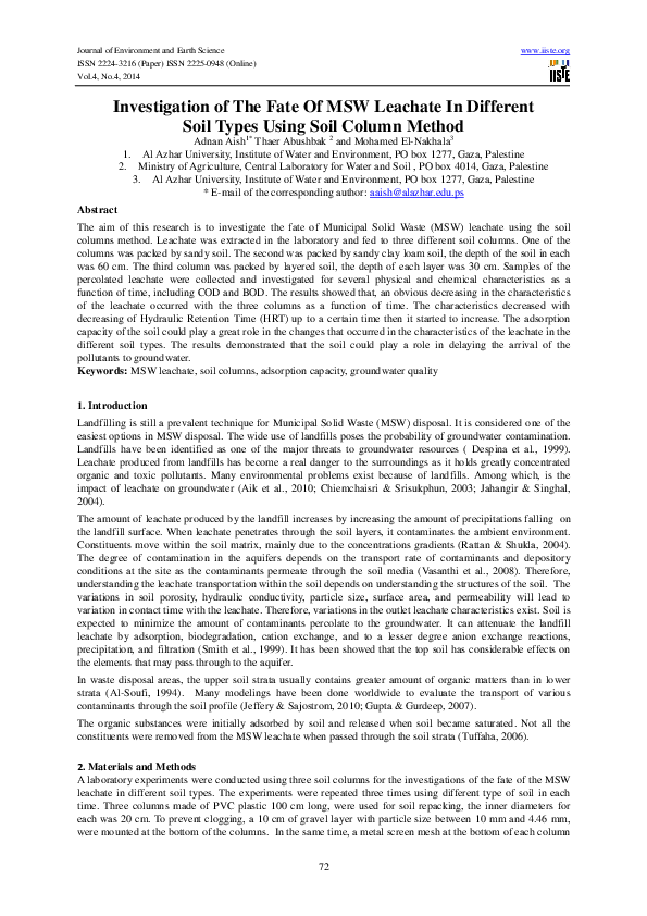 (PDF) Investigation of The Fate Of MSW Leachate In Different Soil Types ...