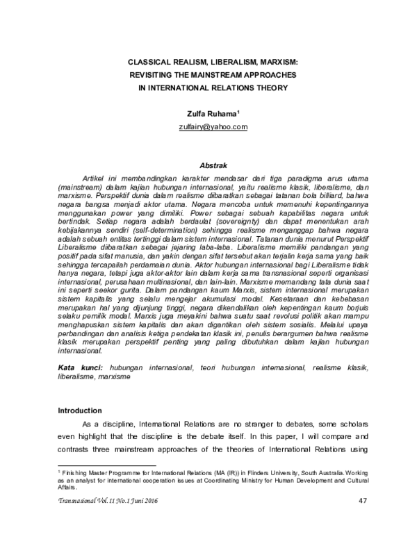 (PDF) Classical Realism, Liberalism, and Marxism Revisiting The ...