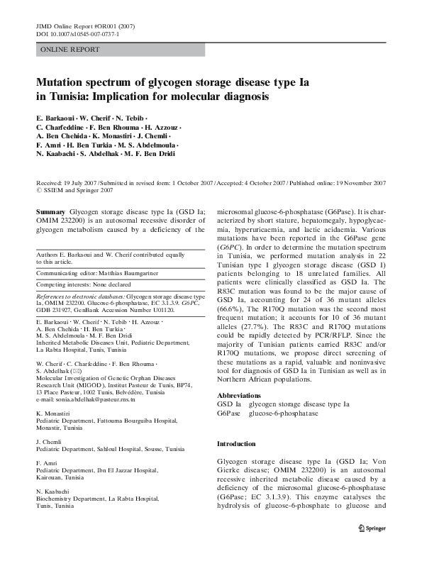 (PDF) Mutation spectrum of glycogen storage disease type Ia in Tunisia ...