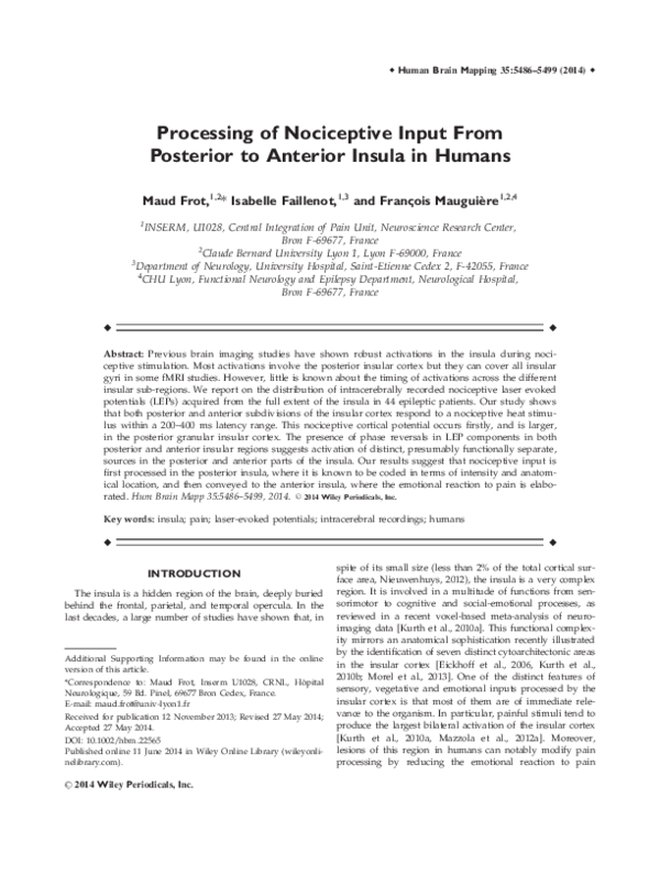 (PDF) Processing of nociceptive input from posterior to anterior insula in humans