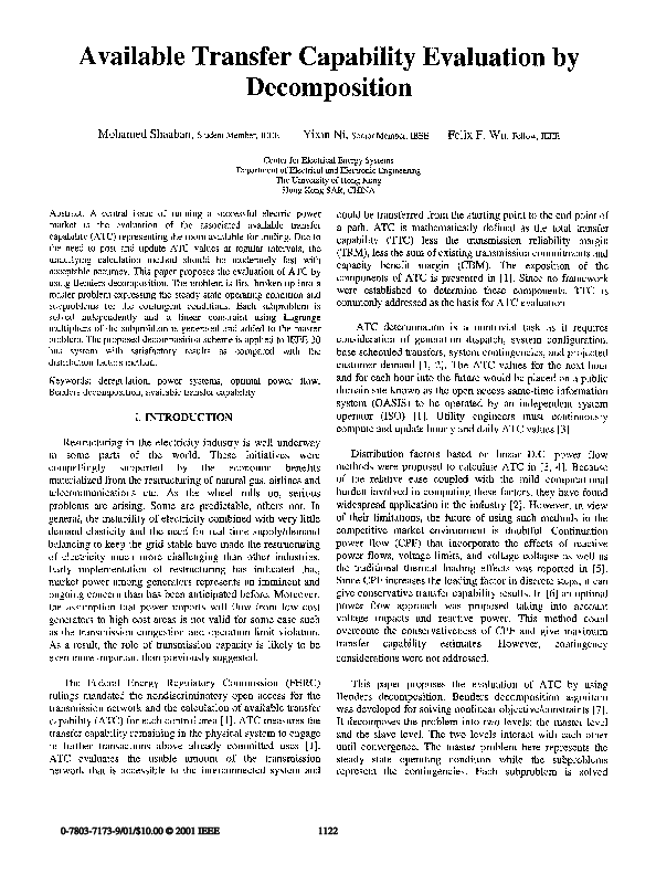 (PDF) Available transfer capability evaluation by decomposition