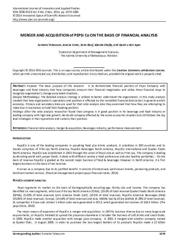 (PDF) MERGER AND ACQUISITION of PEPSI Co ON THE BASIS OF FINANCIAL ANALYSIS