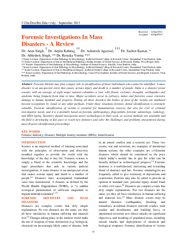 Pdf Forensic Investigations In Mass Disasters A Review