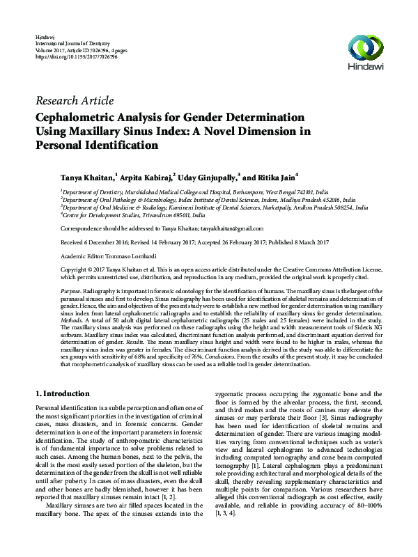 Pdf Cephalometric Analysis For Gender Determination Using Maxillary Sinus Index A Novel