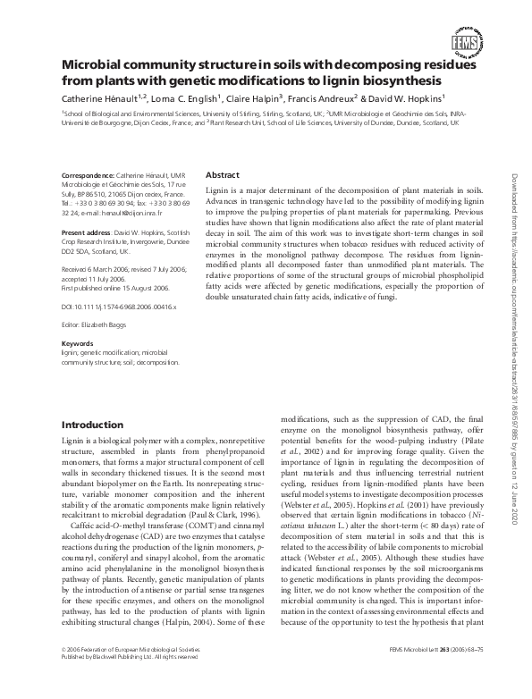 (PDF) Microbial community structure in soils with decomposing residues from plants with genetic ...