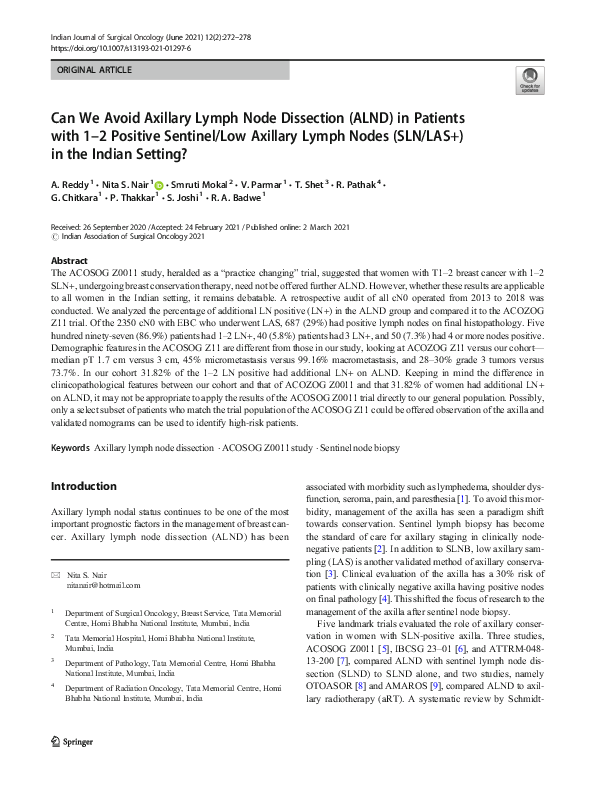 (PDF) Can We Avoid Axillary Lymph Node Dissection (ALND) in Patients with 1–2 Positive Sentinel ...