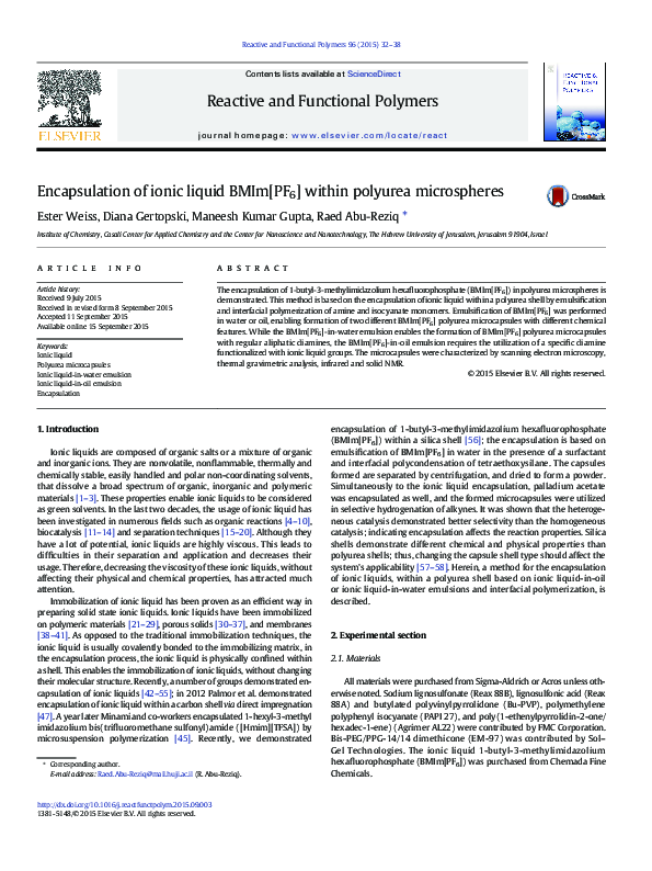 (PDF) Encapsulation of ionic liquid BMIm[PF6] within polyurea microspheres