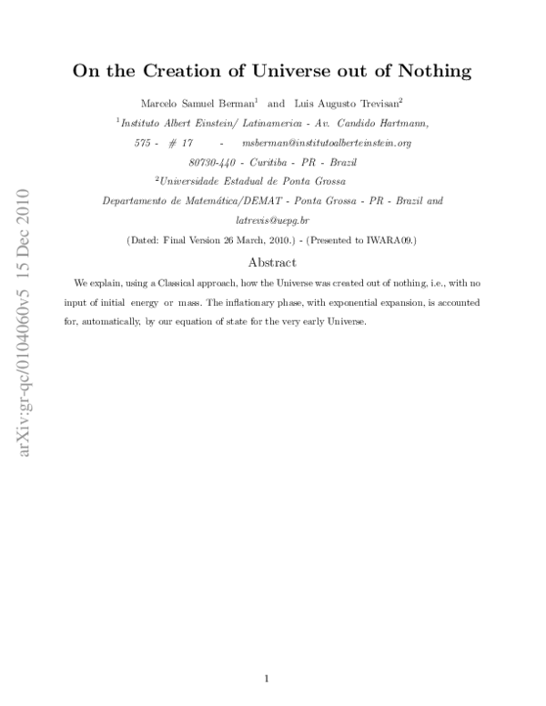 (PDF) On the Creation of Universe Out of Nothing
