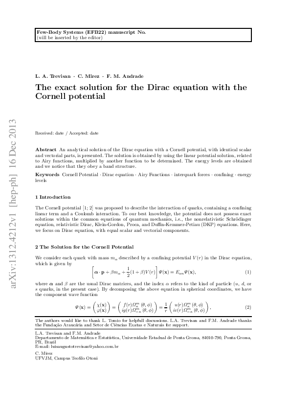 (PDF) The Exact Solution for the Dirac Equation with the Cornell Potential
