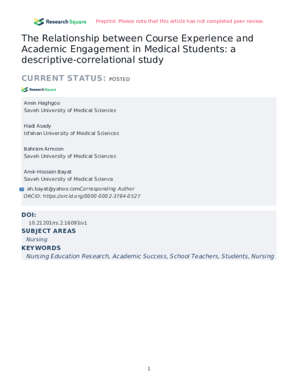 (PDF) The Relationship between Course Experience and Academic Engagement in Medical Students: a ...