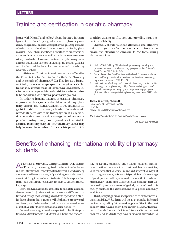 (PDF) Training and certification in geriatric pharmacy | alexis ...