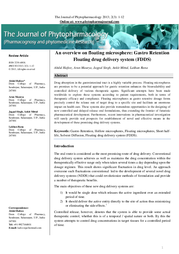 Pdf An Overview On Floating Microsphere Gastro Retention Floating Drug Delivery System Fdds