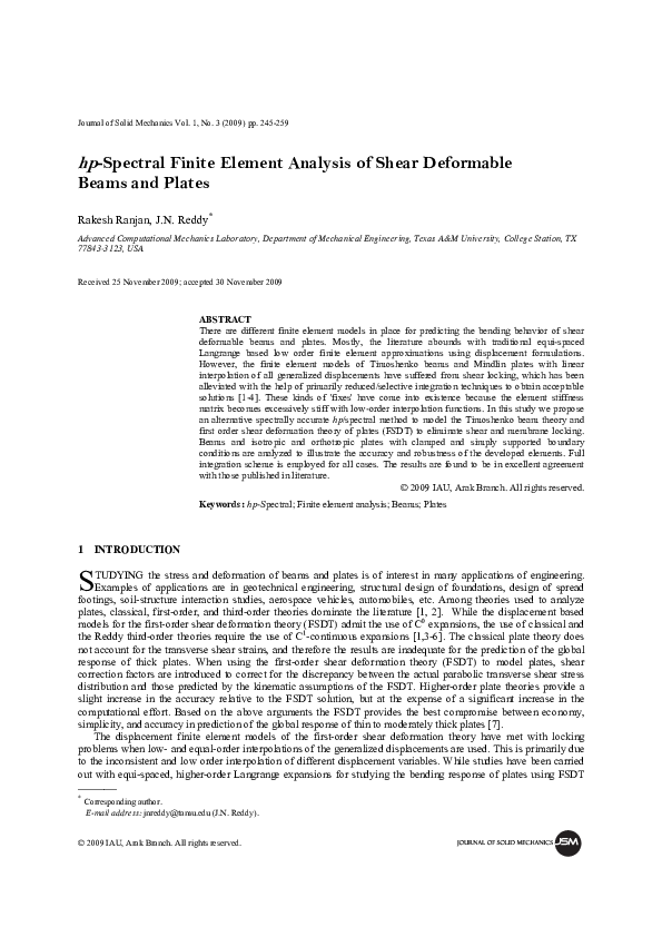 Pdf Hp Spectral Finite Element Analysis Of Shear Deformable Beams And Plates Rakesh Ranjan 4250